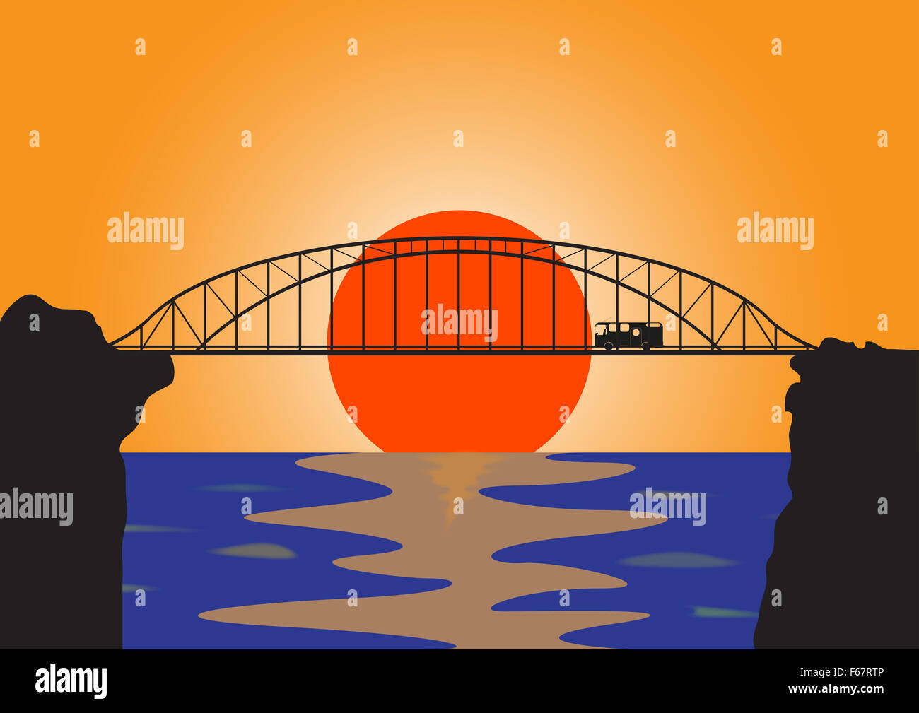 A large bridge between cliffs with an ocean view and a vehicle Stock ...