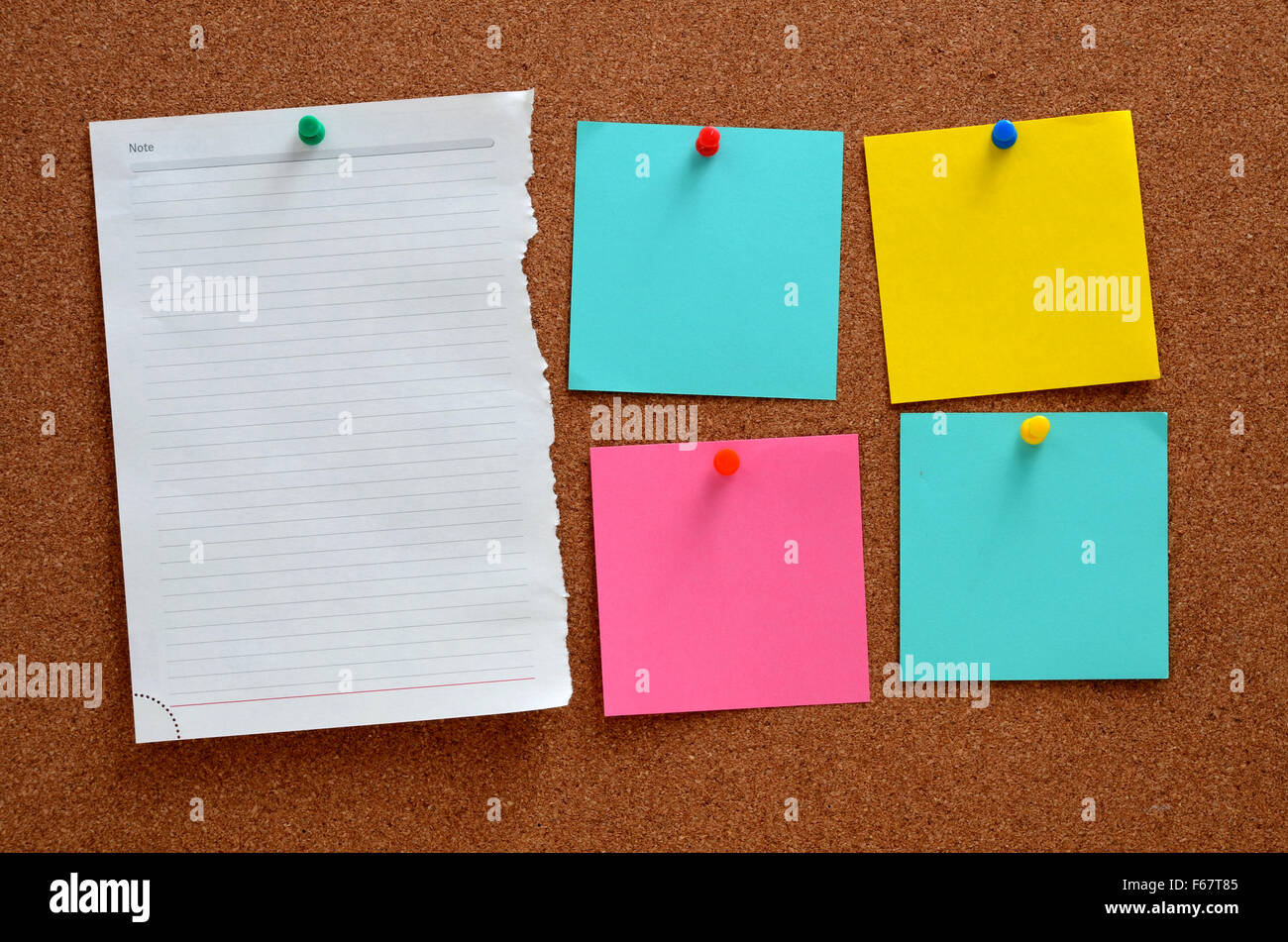 Blank, colourful notes pinned into brown corkboard Stock Photo - Alamy