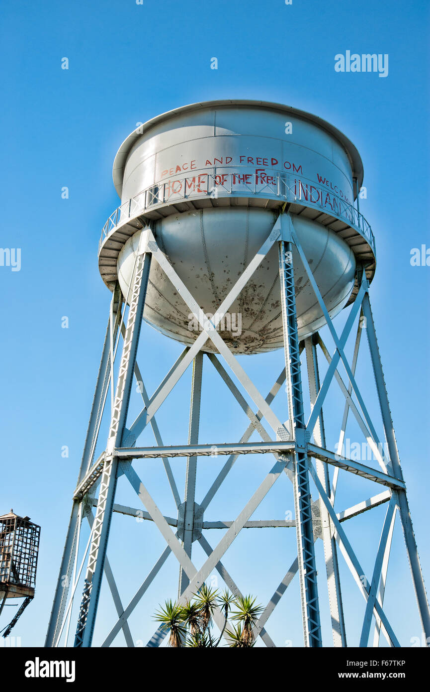 ALCATRAZ ISLAND, CA - NOV 6, 2015: Alcatraz Island's water tower ...