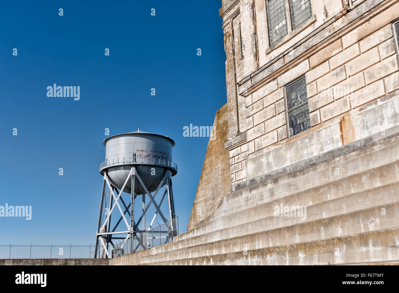 ALCATRAZ ISLAND, CA - NOV 6, 2015: Alcatraz Island's water tower ...