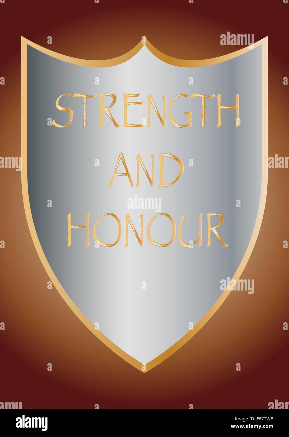 A shield design with 'Strength and Honour' engraved into it Stock Photo ...