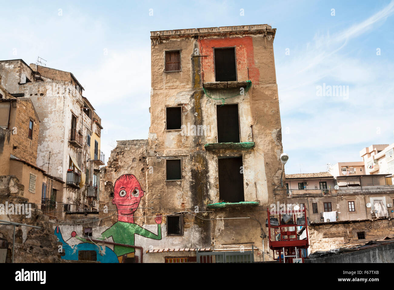 Poor district of Palermo, Sicily, Italy - facade of crumbling building ...