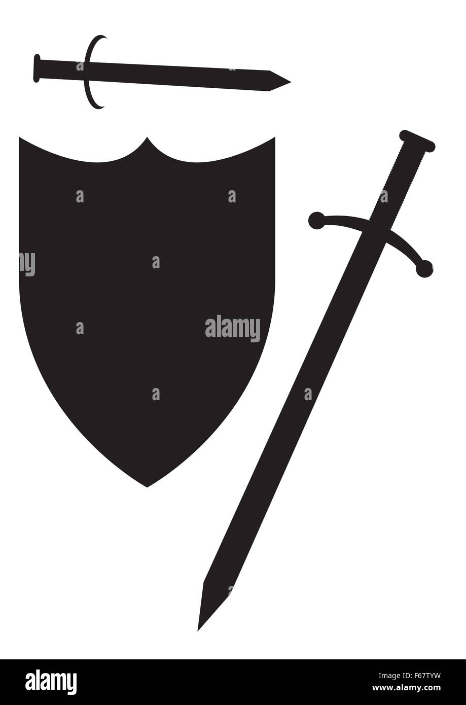 A long and a short sword with a shield isolated on a white background ...