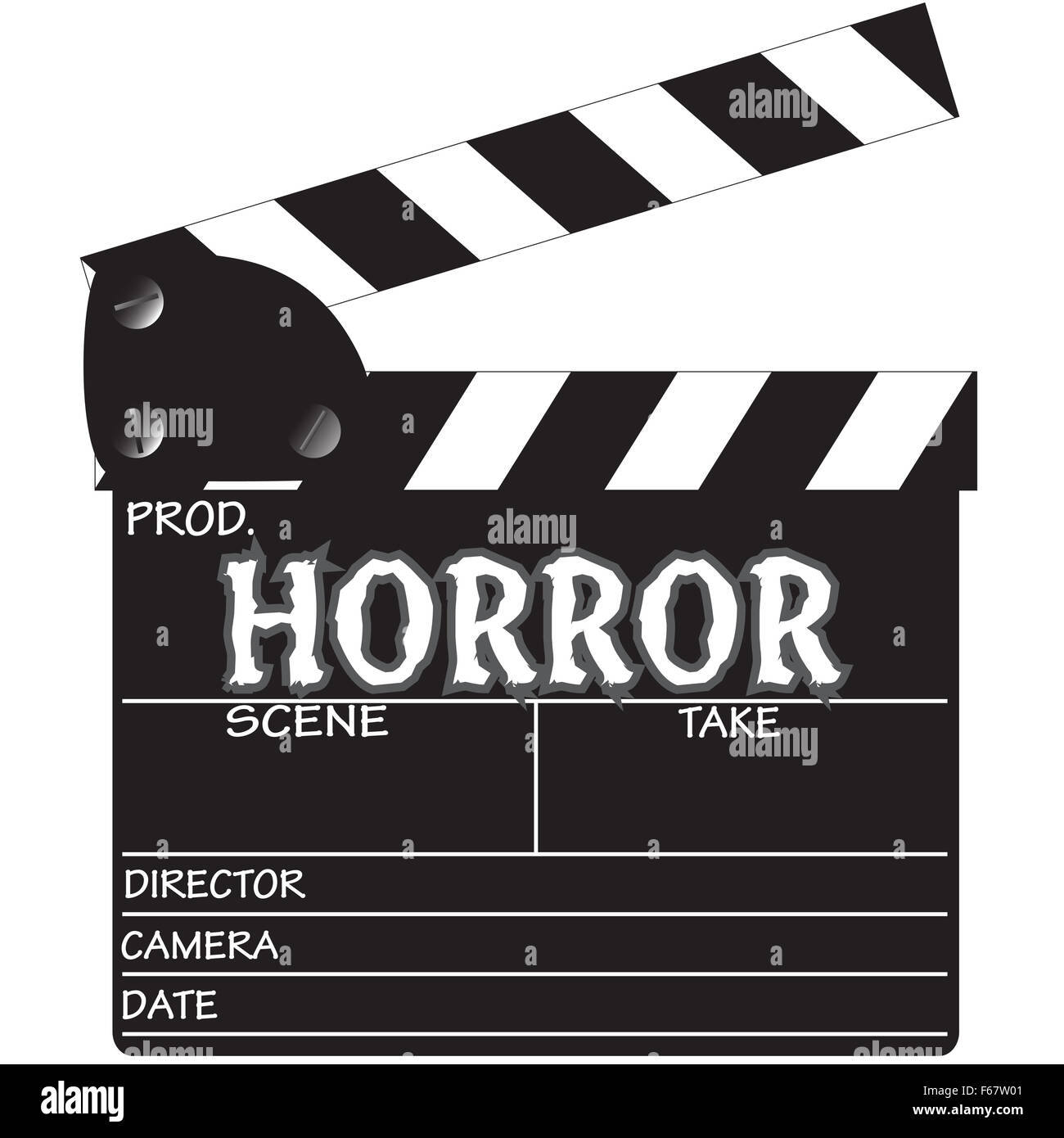 A director's 'Horror' clapper board isolated on a white background ...