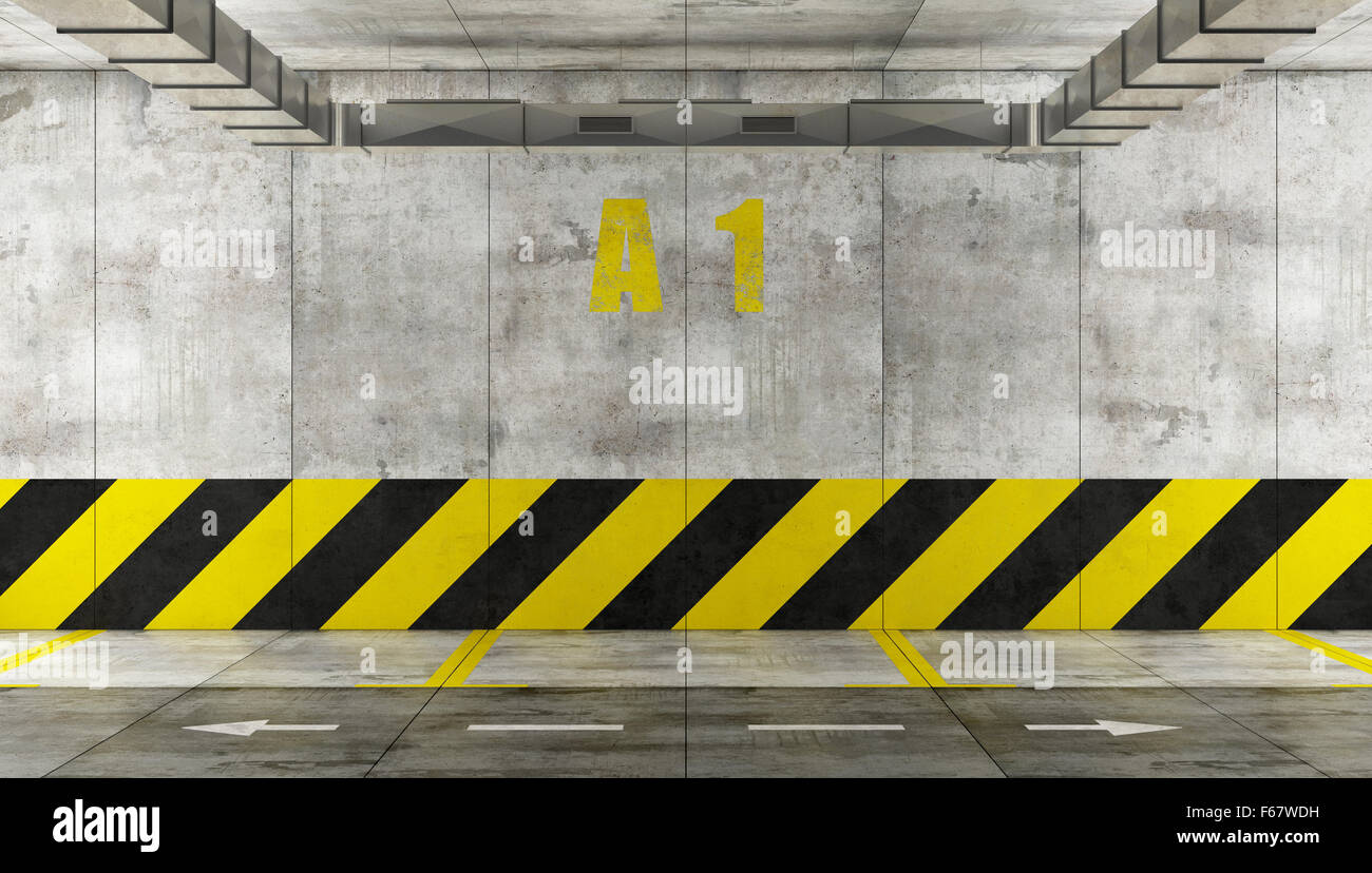 Empty underground parking background with concrete panels and ...