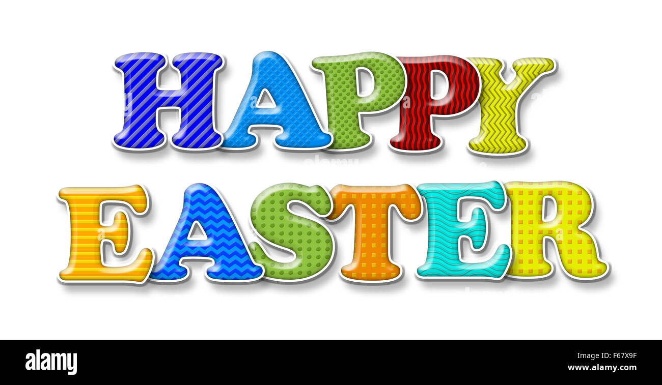 Colorful letters and patterns spell the words Happy Easter on a white ...