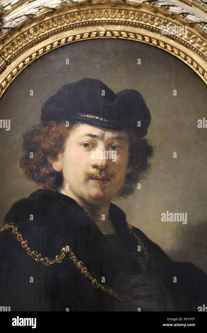 Rembrandt (1606-1669). Dutch Painter. Self portrait wearing a Toque and ...