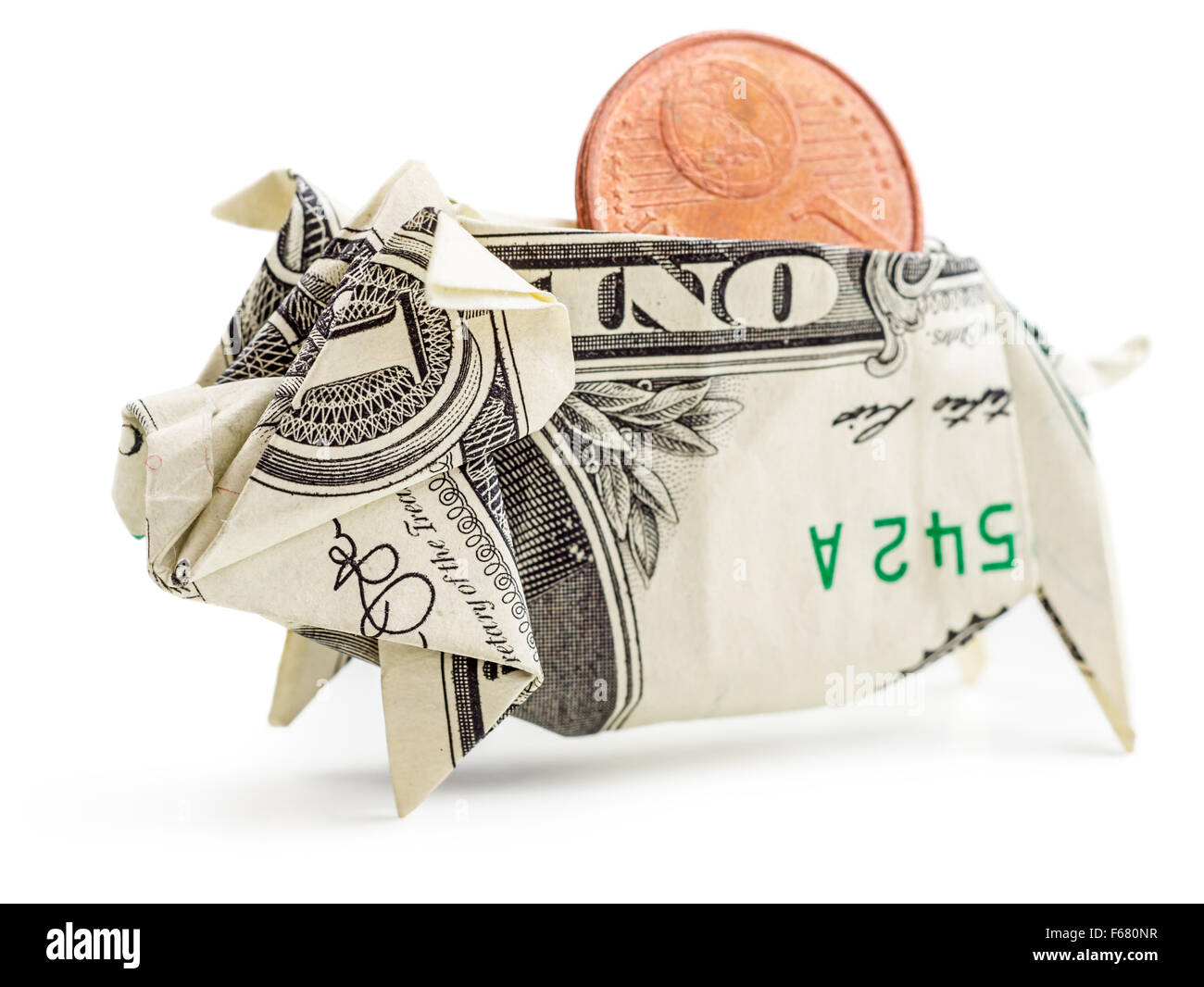 Dollar origami piggy bank with coin isolated on white background ...