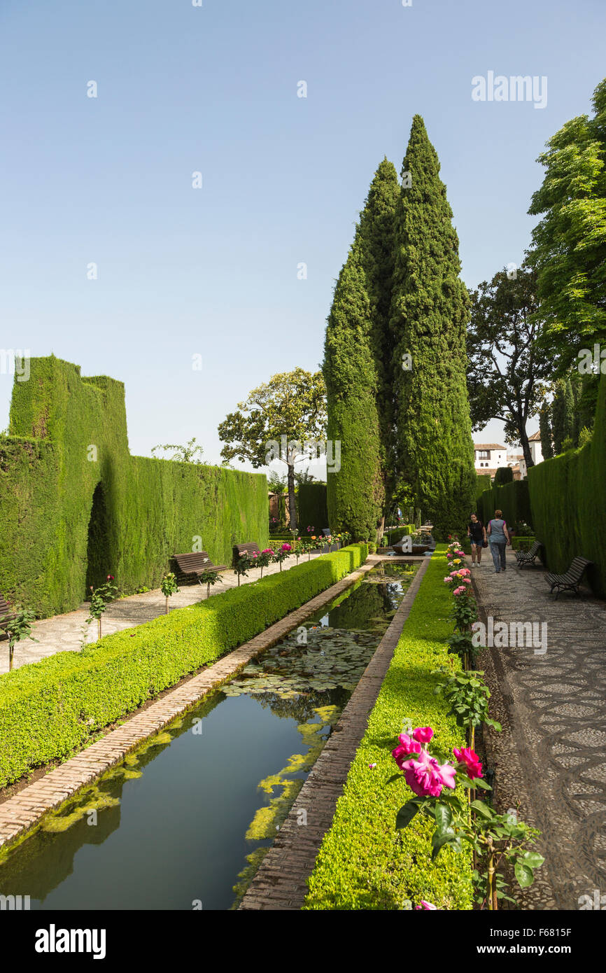 The upper gardens of the Alhambra at the Generalife Palace with water ...