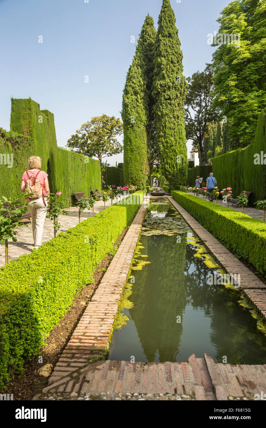 The upper gardens of the Alhambra at the Generalife Palace with water ...