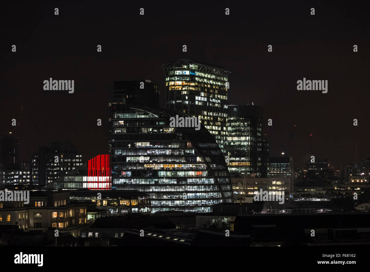 Panoramic view over the City of London EC2 at night, Moore House, 120 ...