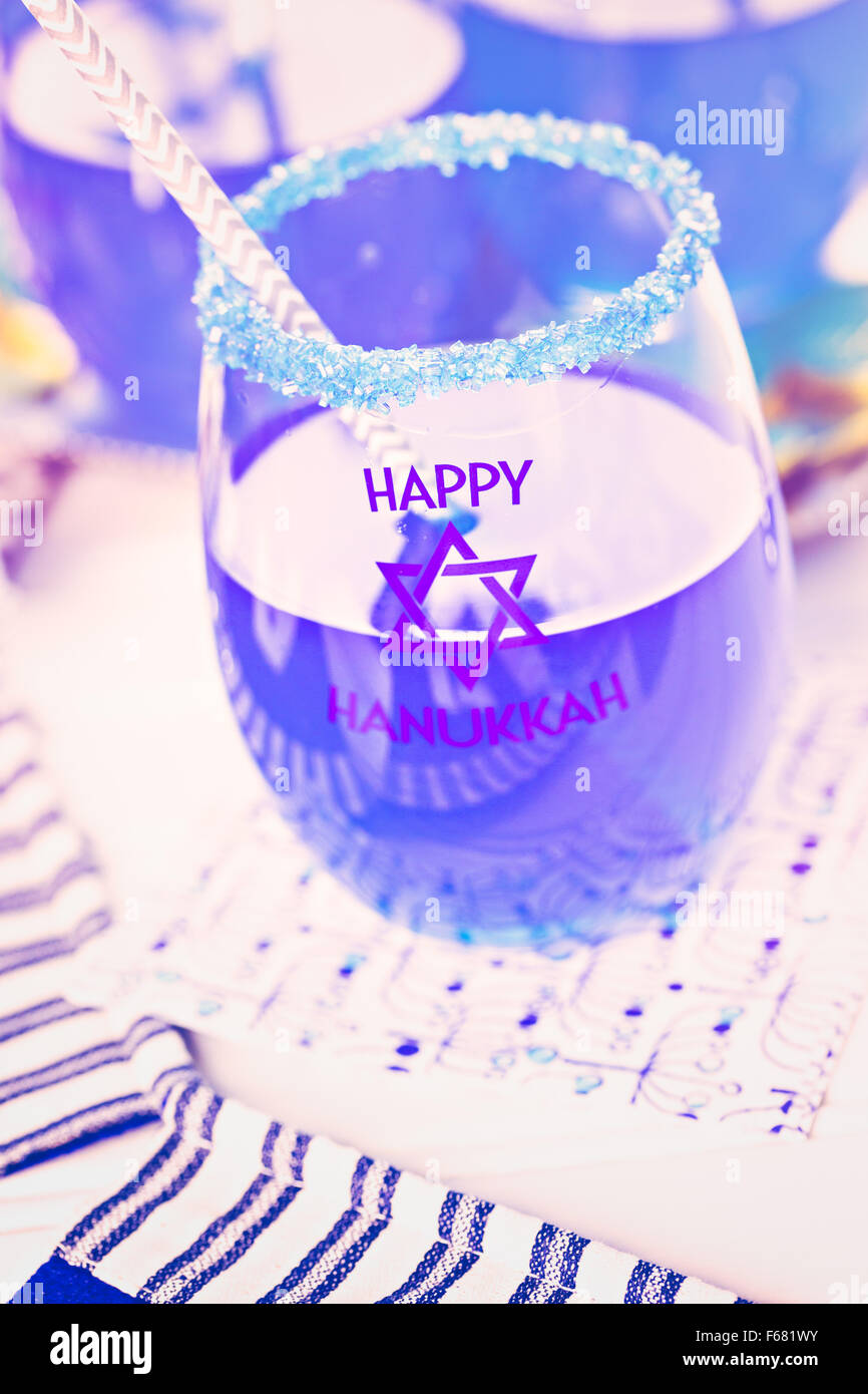 Table set with cocktails and chocolates to celebrate Hanukkah Stock ...
