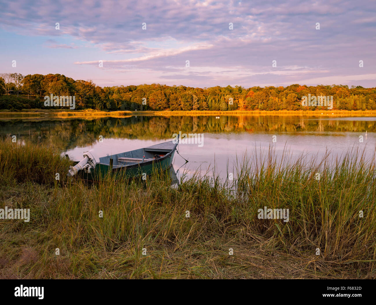 Salt Pond, Eastham MA Cape Cod, Massachusetts, USA solitary wooden boat ...