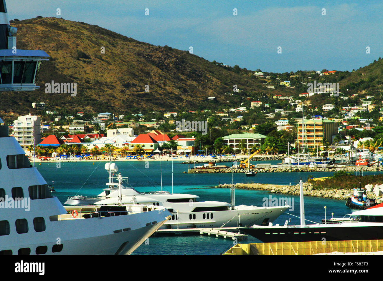 Cruise ship and boats in the Dr A C Wathey Cruise port, St Martin or St ...
