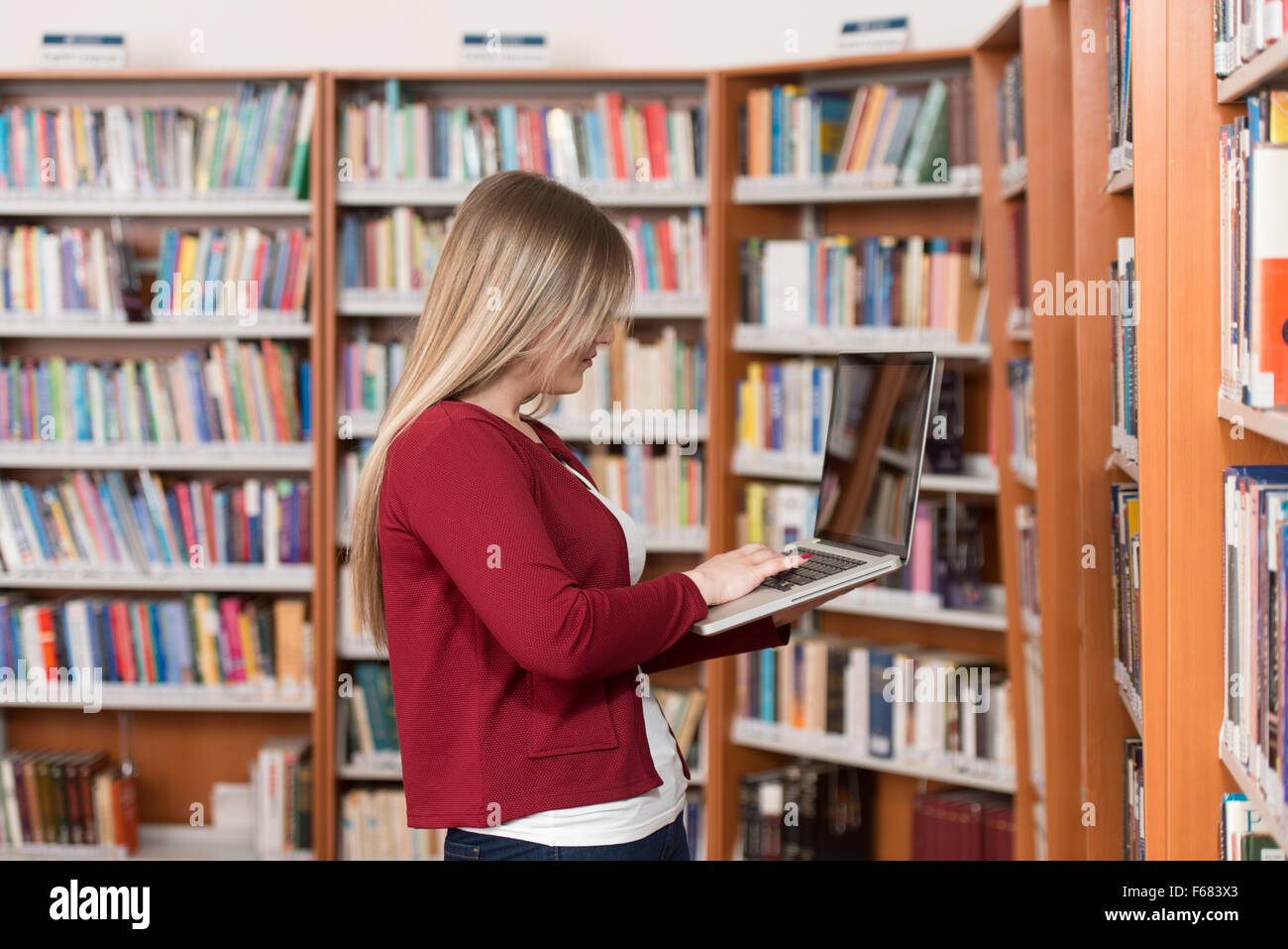 In The Library - Pretty Female Student With Laptop And Books Working In ...