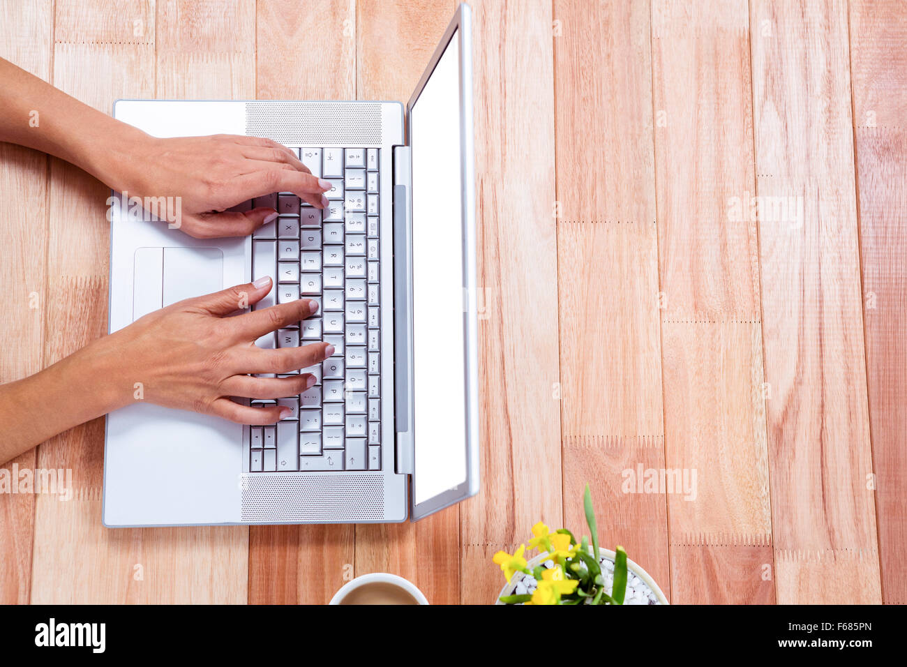 Overhead of feminine hands using laptop Stock Photo - Alamy