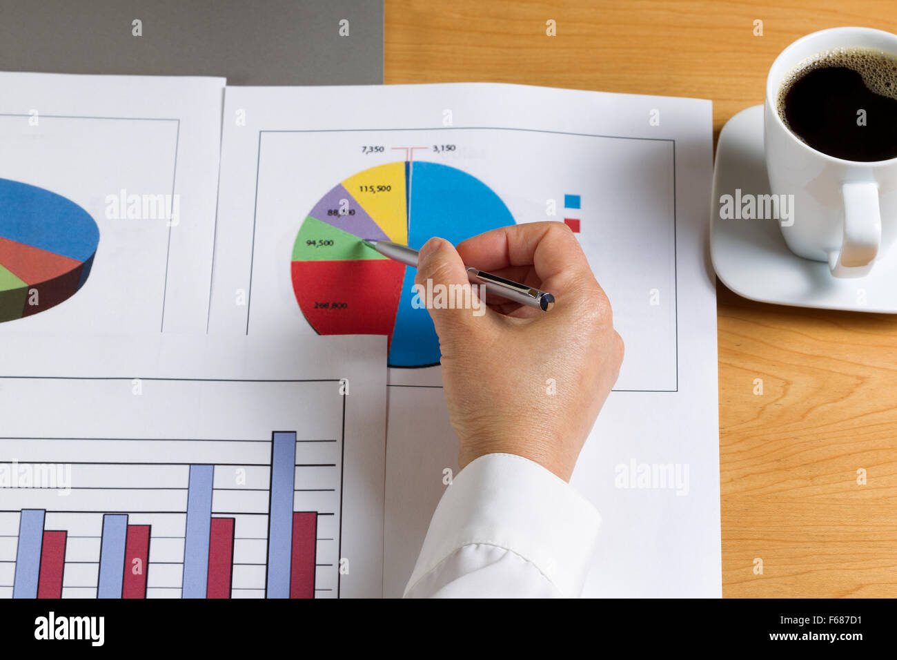 Woman hand holding pen while pointing at pie chart with printed graphs ...