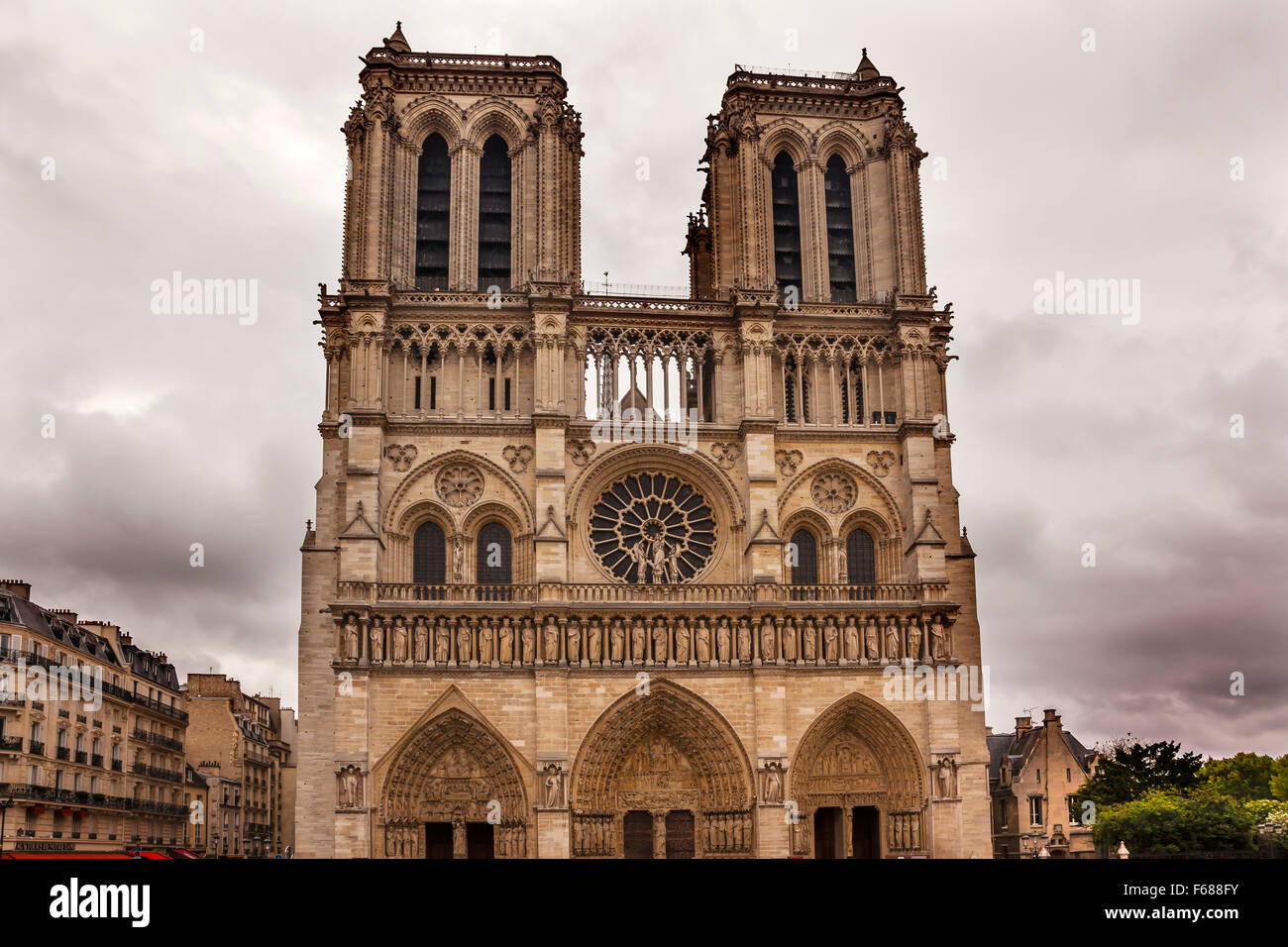 Facade Overcast Skies Notre Dame Cathedral Paris France. Notre Dame was ...