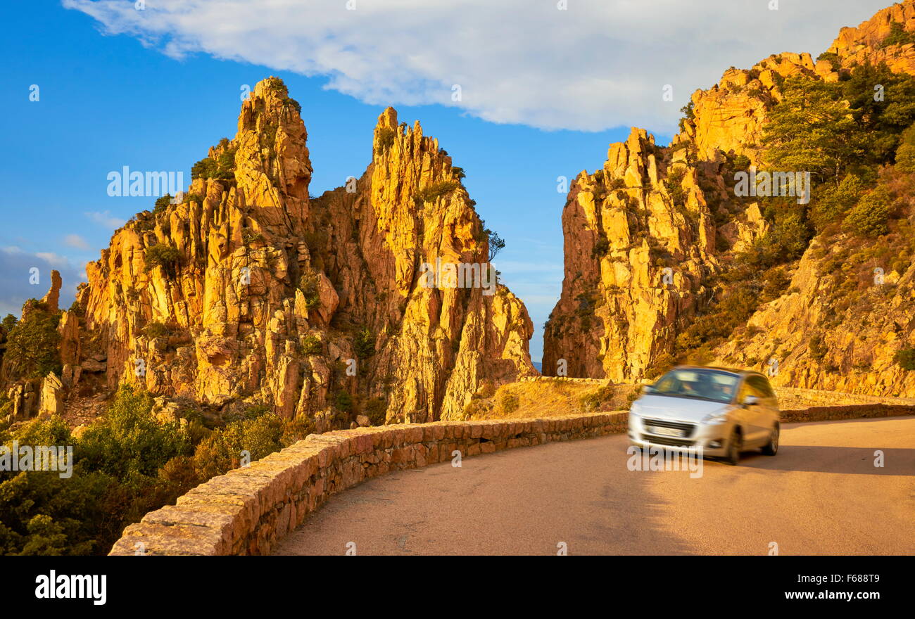 Mountains road in Calanches de Piana, Golfe de Porto, Corsica Island ...