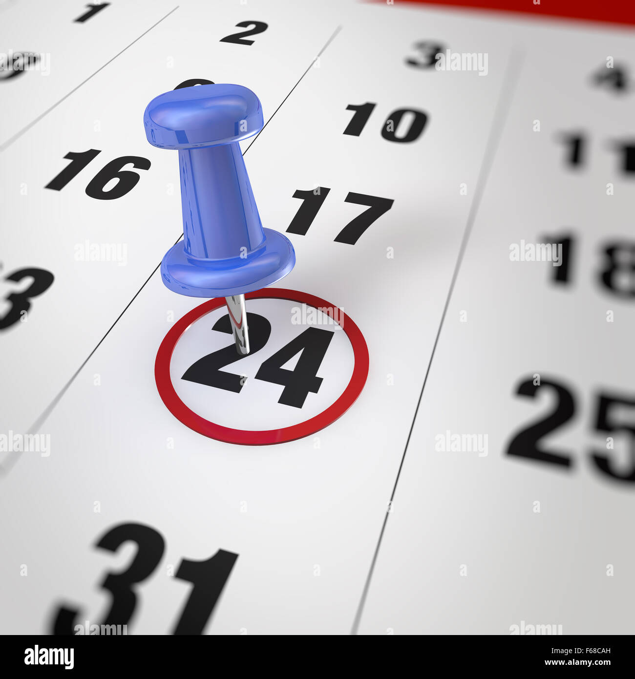 Calendar and blue thumbtack. Mark on the calendar at 24 Stock Photo - Alamy