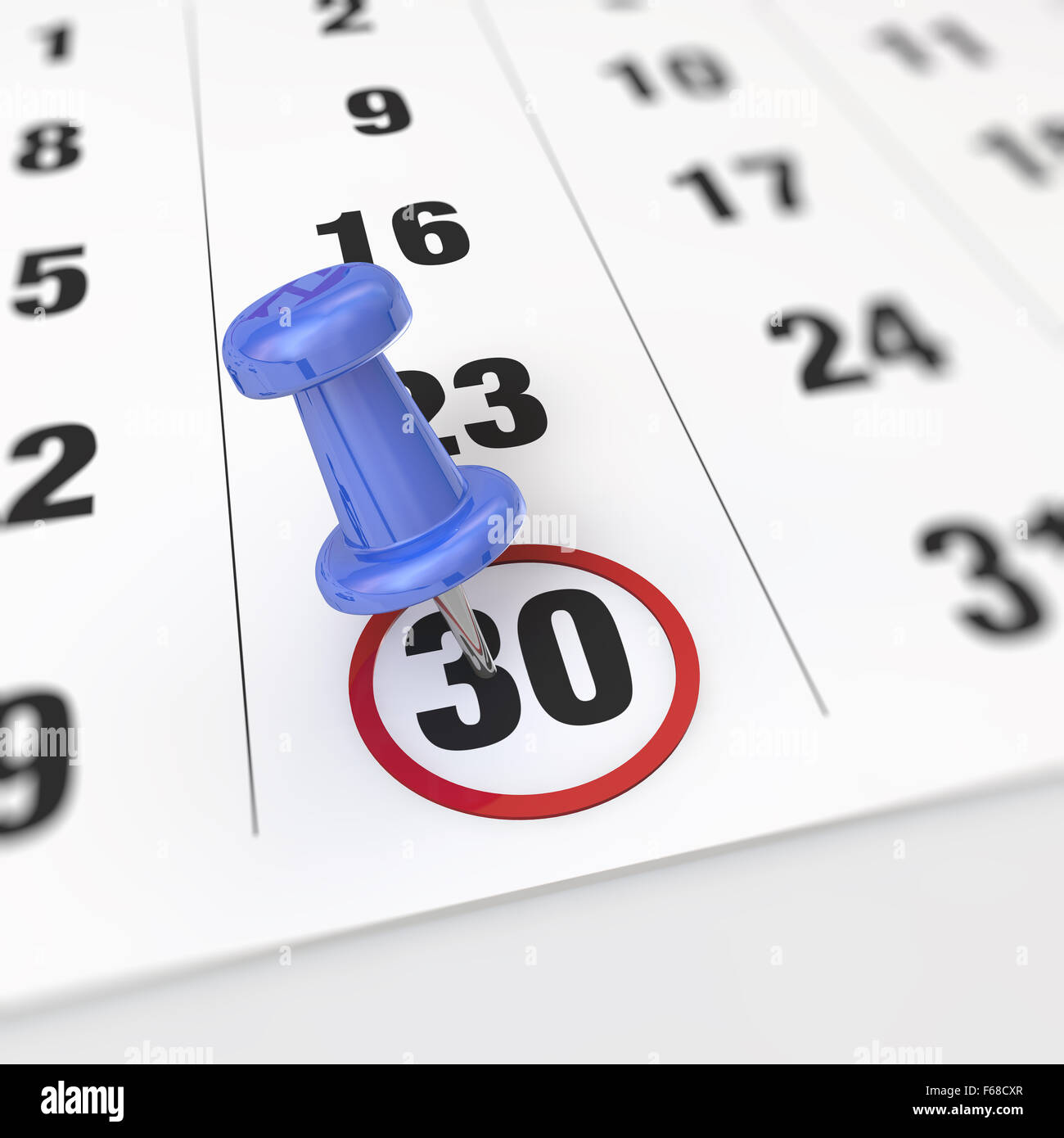 Calendar and blue thumbtack. Mark on the calendar at 30 Stock Photo - Alamy
