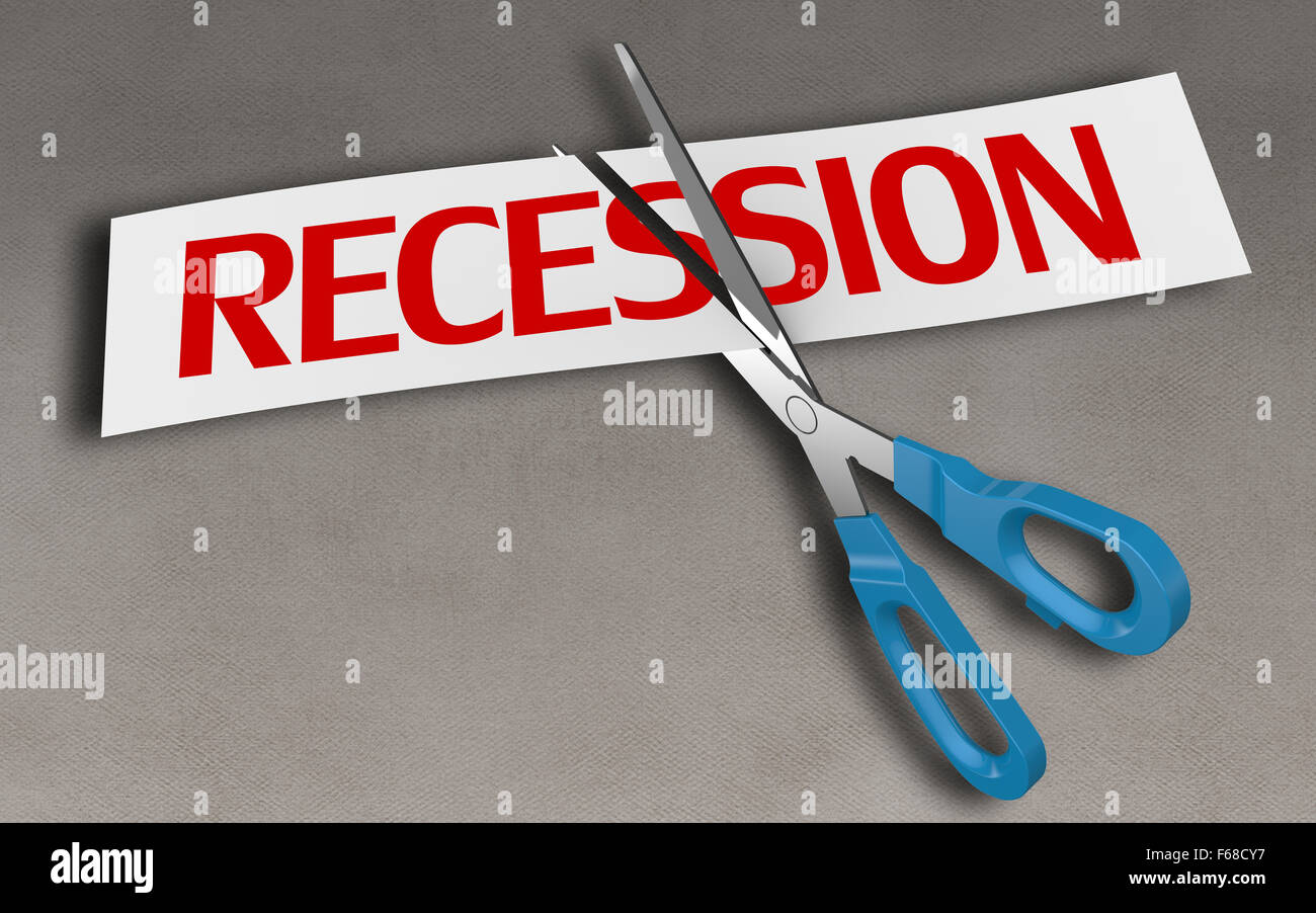Scissors cutting paper with text recession Stock Photo - Alamy