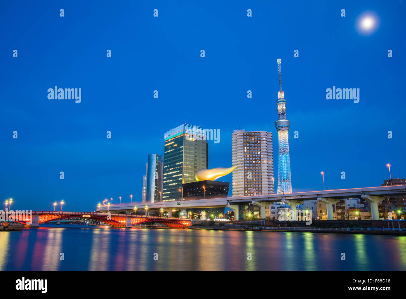 Tokyo Skytree and Azumabashi bridge with moon,Sumida river,Tokyo,Japan ...
