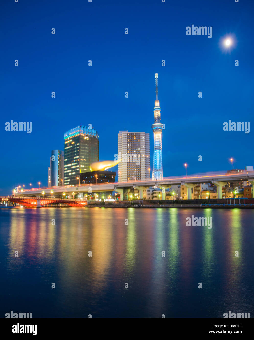 Tokyo Skytree and Azumabashi bridge with moon,Sumida river,Tokyo,Japan ...