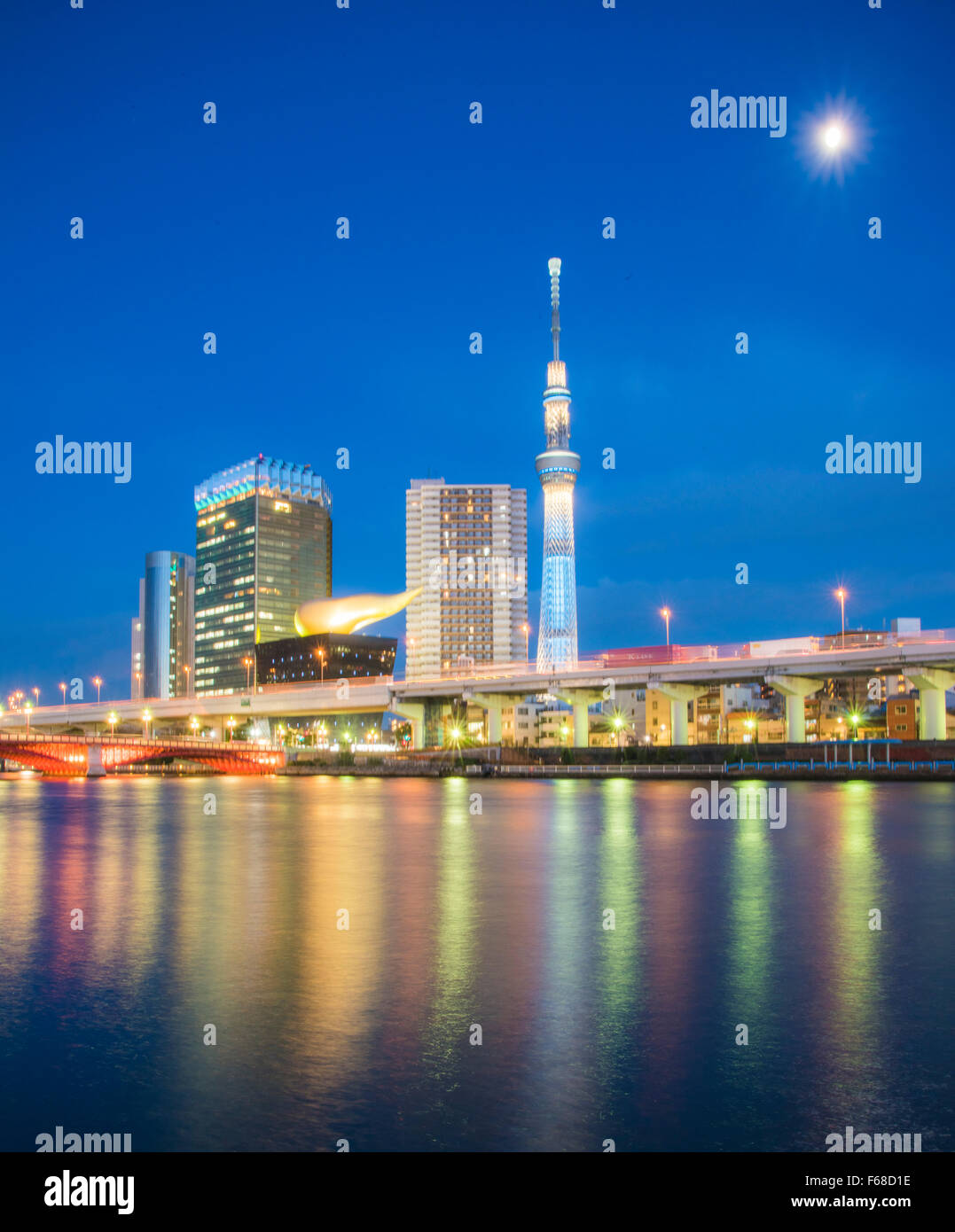 Tokyo Skytree and Azumabashi bridge with moon,Sumida river,Tokyo,Japan ...