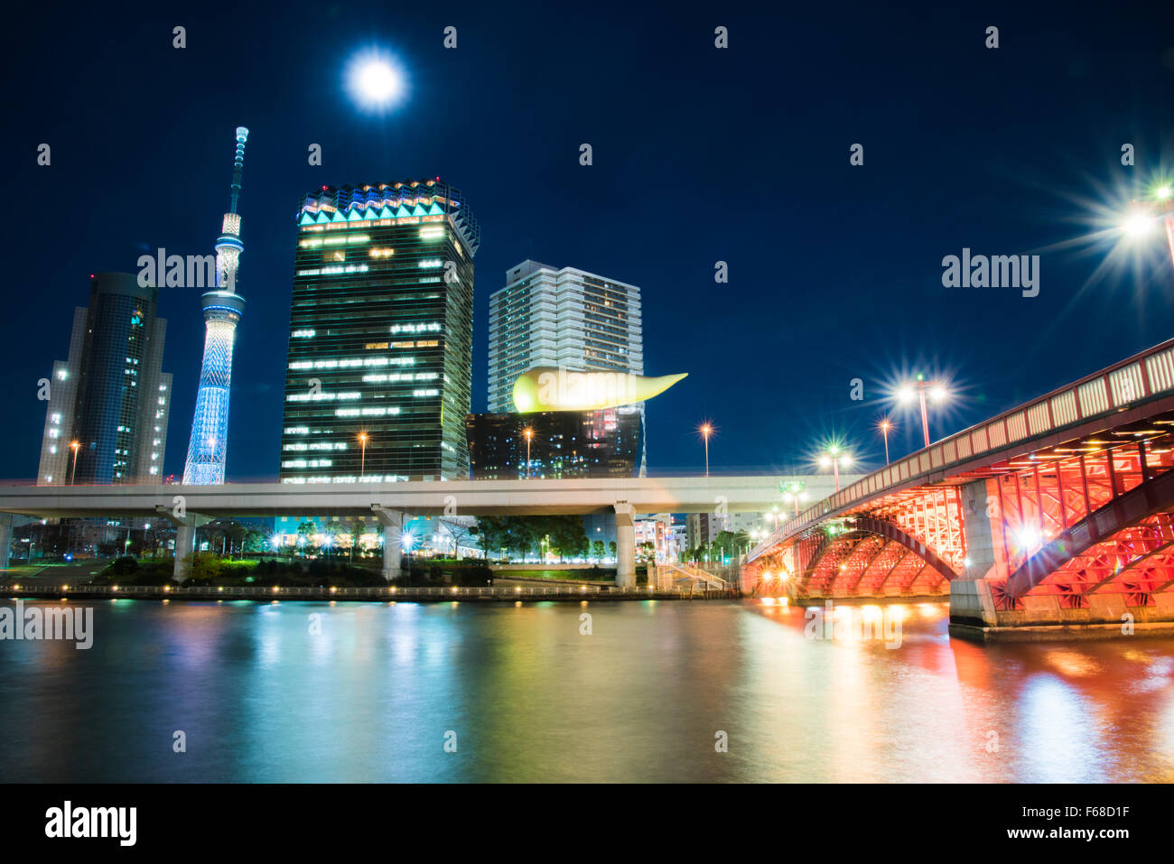 Tokyo Skytree and Azumabashi bridge with moon,Sumida river,Tokyo,Japan ...