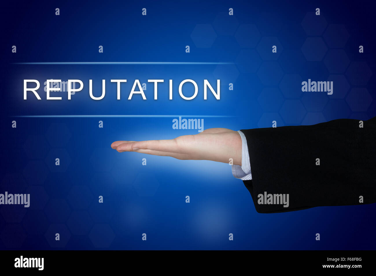reputation button with business hand on blue background Stock Photo - Alamy