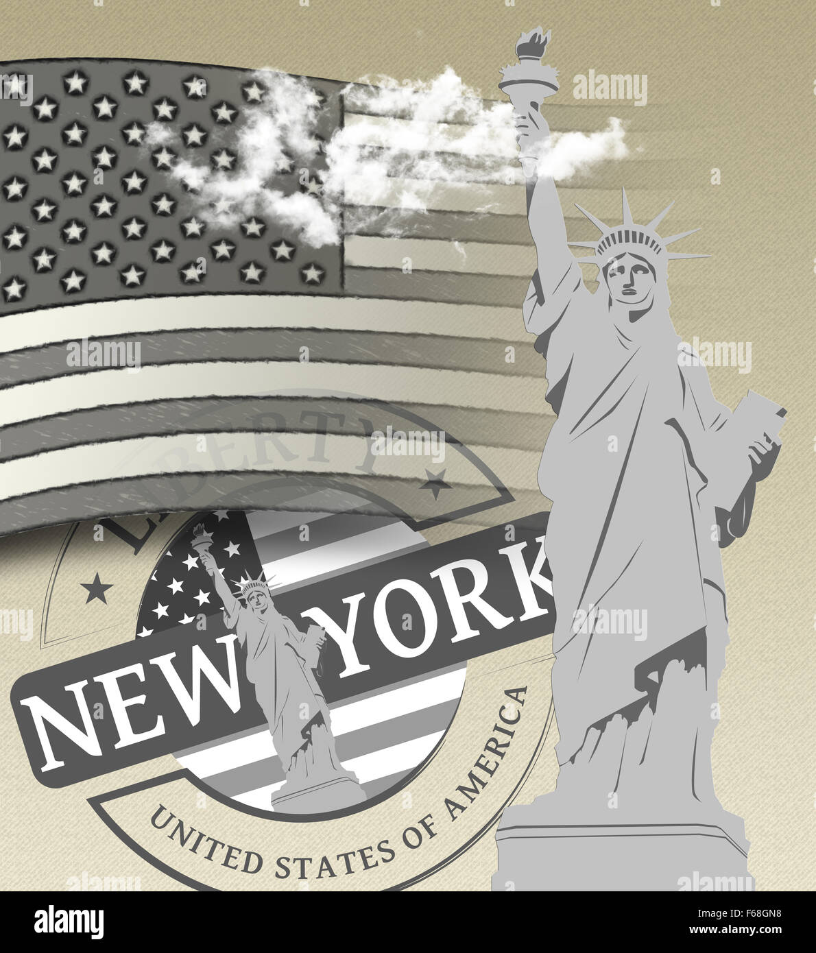 Travel advertising with New York City and the Statue of Liberty in the ...