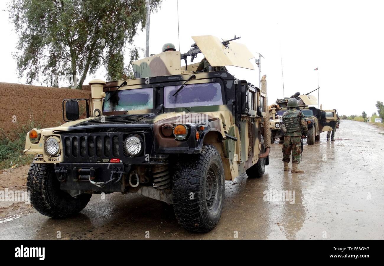 Helmand. 14th Nov, 2015. An Afghan army soldier stands guard on a ...