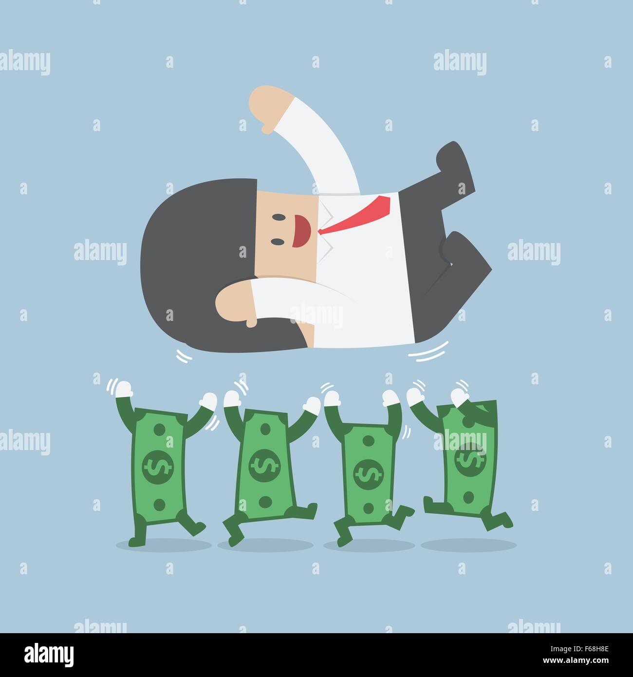 Successful businessman being throwing up by dollar bill, VECTOR, EPS10 ...
