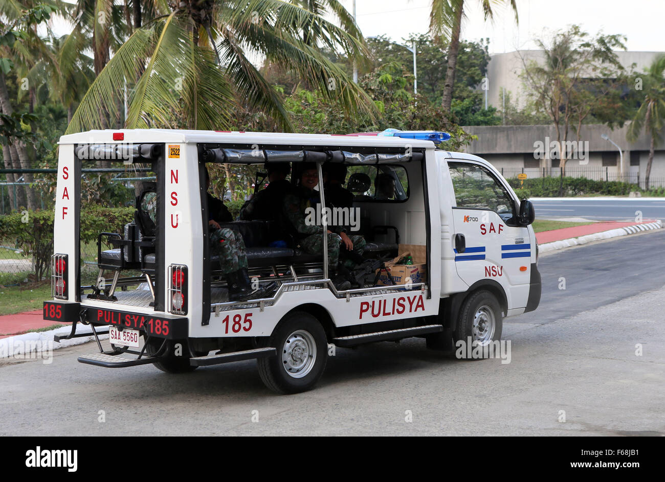 Manila, Philippines. 14th Nov, 2015. Policemen patrol near the venue of ...