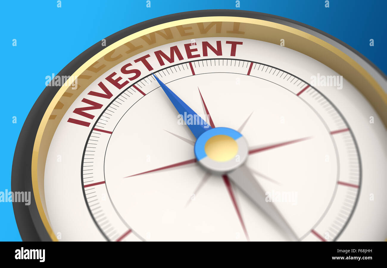 Compass needle pointing to the word investment Stock Photo - Alamy