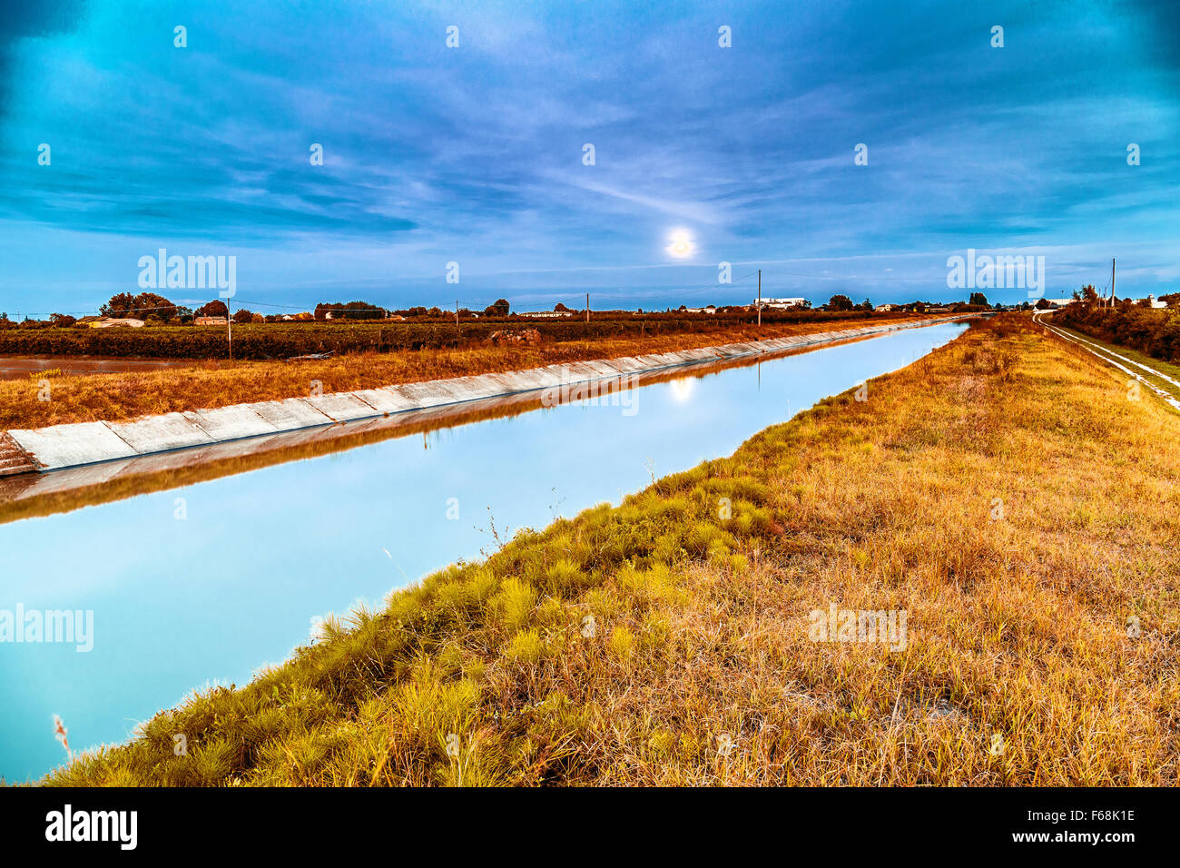 Channel to divert river water for irrigation of cultivated fields Stock ...