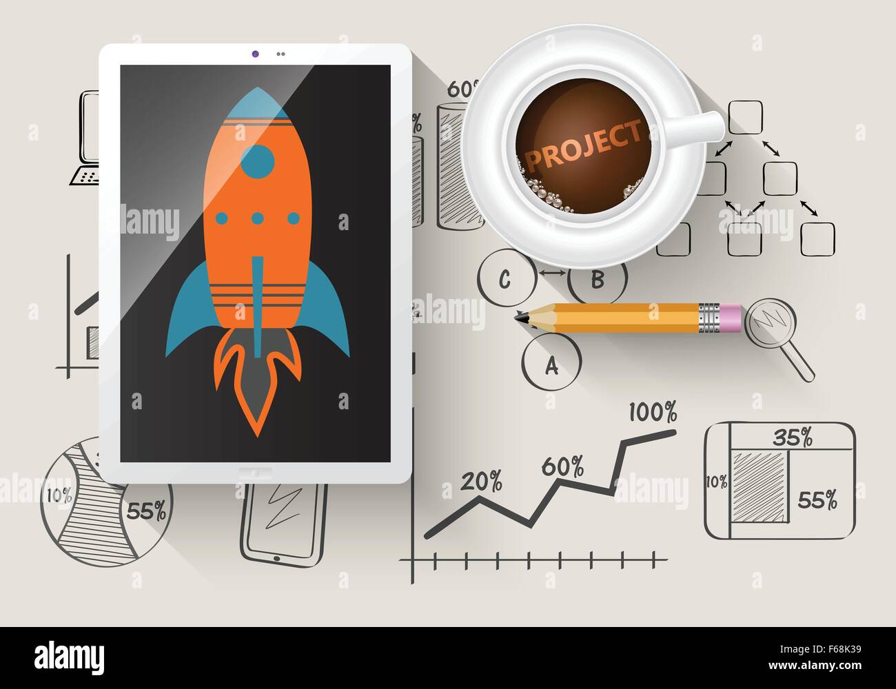 Illustrated rocket in digital tablet as a project. Notepad with ...