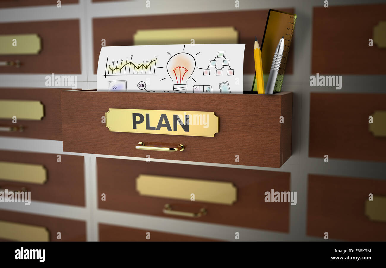 Office drawer with text on business planning Stock Photo - Alamy