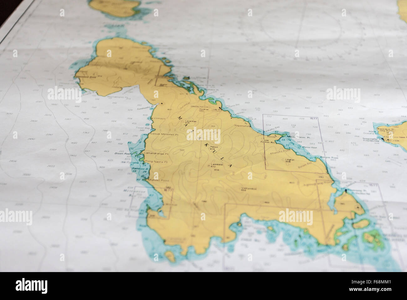 Close up view of a fishing map in Vanuatu off the coast of Australia ...