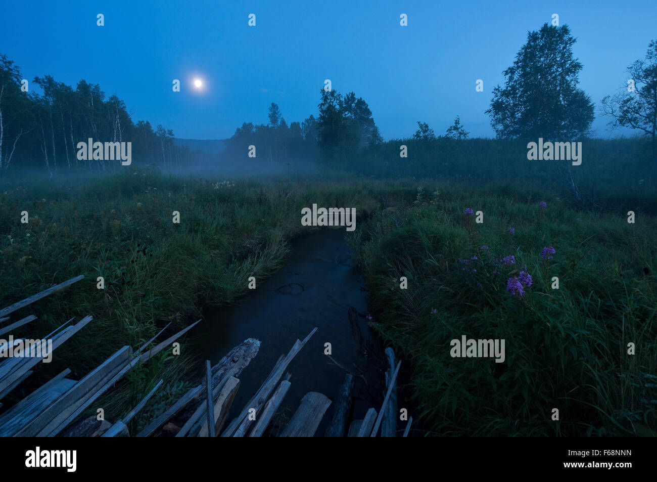 Landscape with river and Moon shines through fog Stock Photo - Alamy