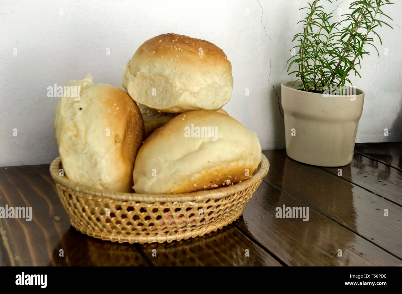 Small loaf fresh household bread in the breadbasket, Sofia, Bulgaria ...
