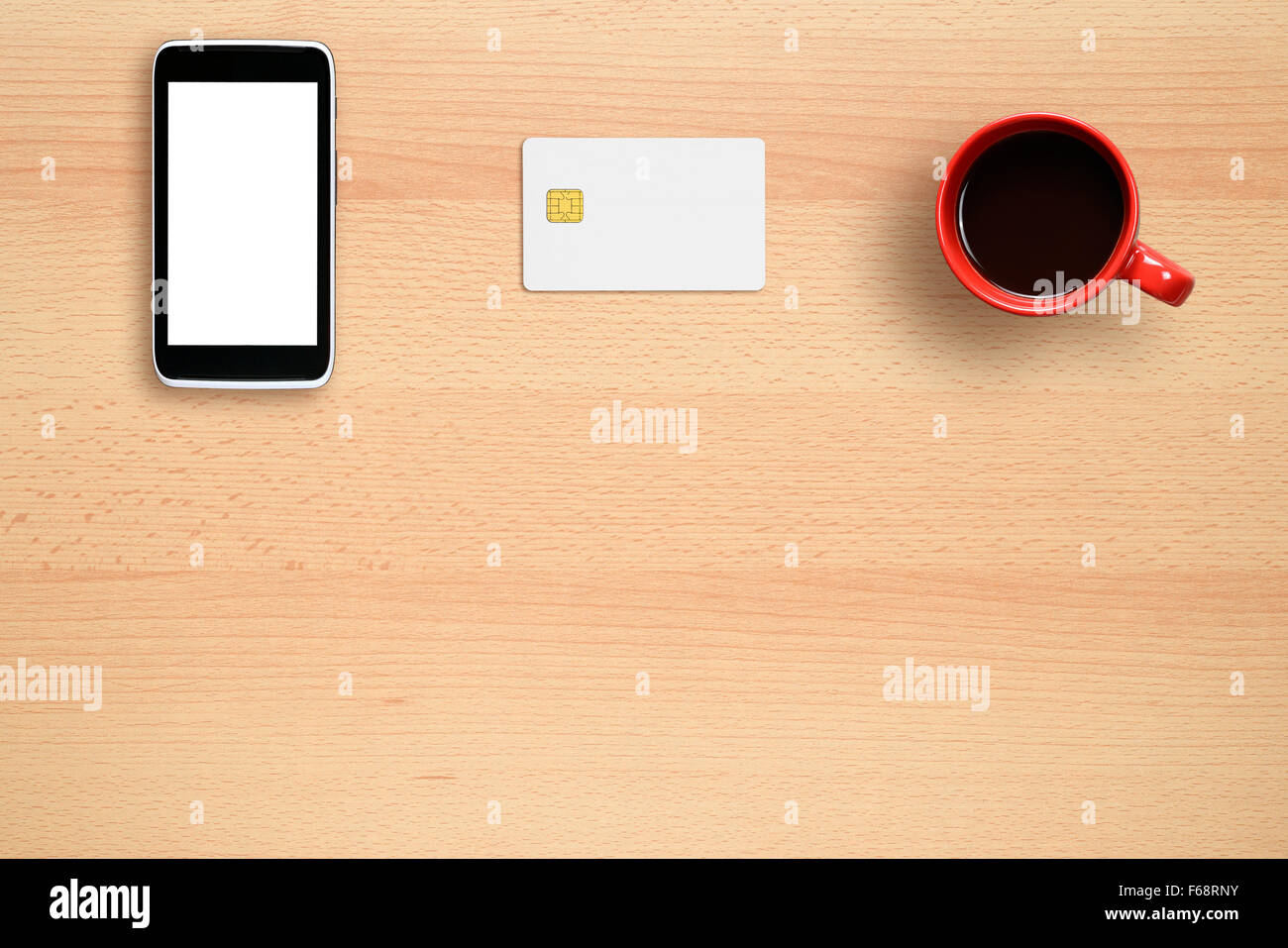 Credit card mock-up, smartphone and coffee cup on office desk Stock ...