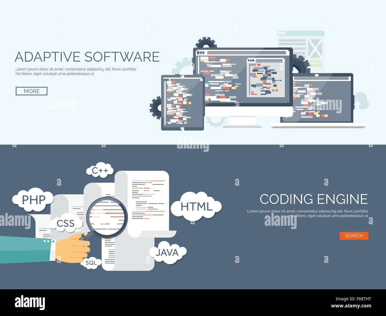 Vector illustration. Flat background. Coding, programming. SEO. Search ...
