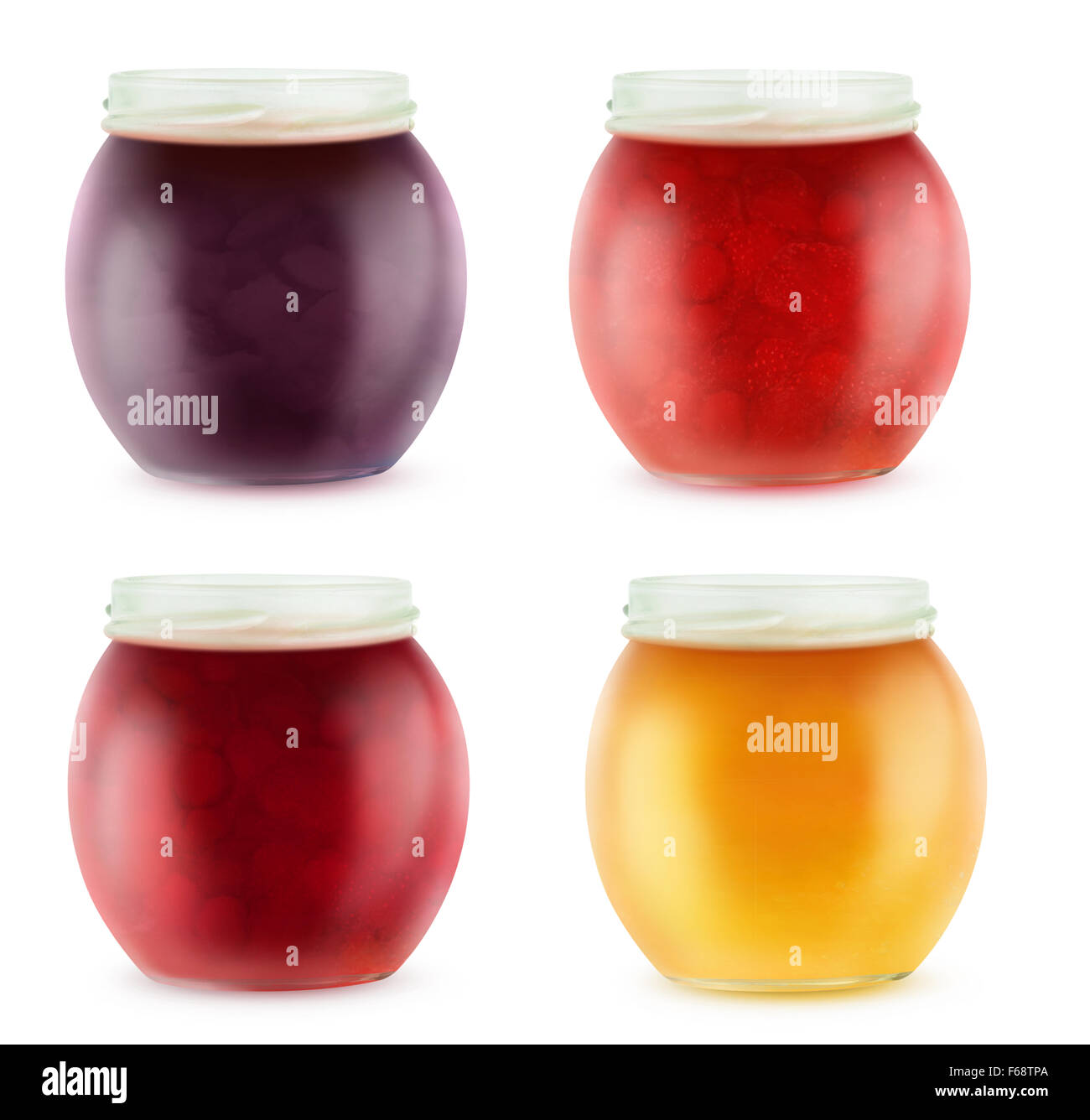 Collection of multicolored open jars with fruit jam, isolated on white ...