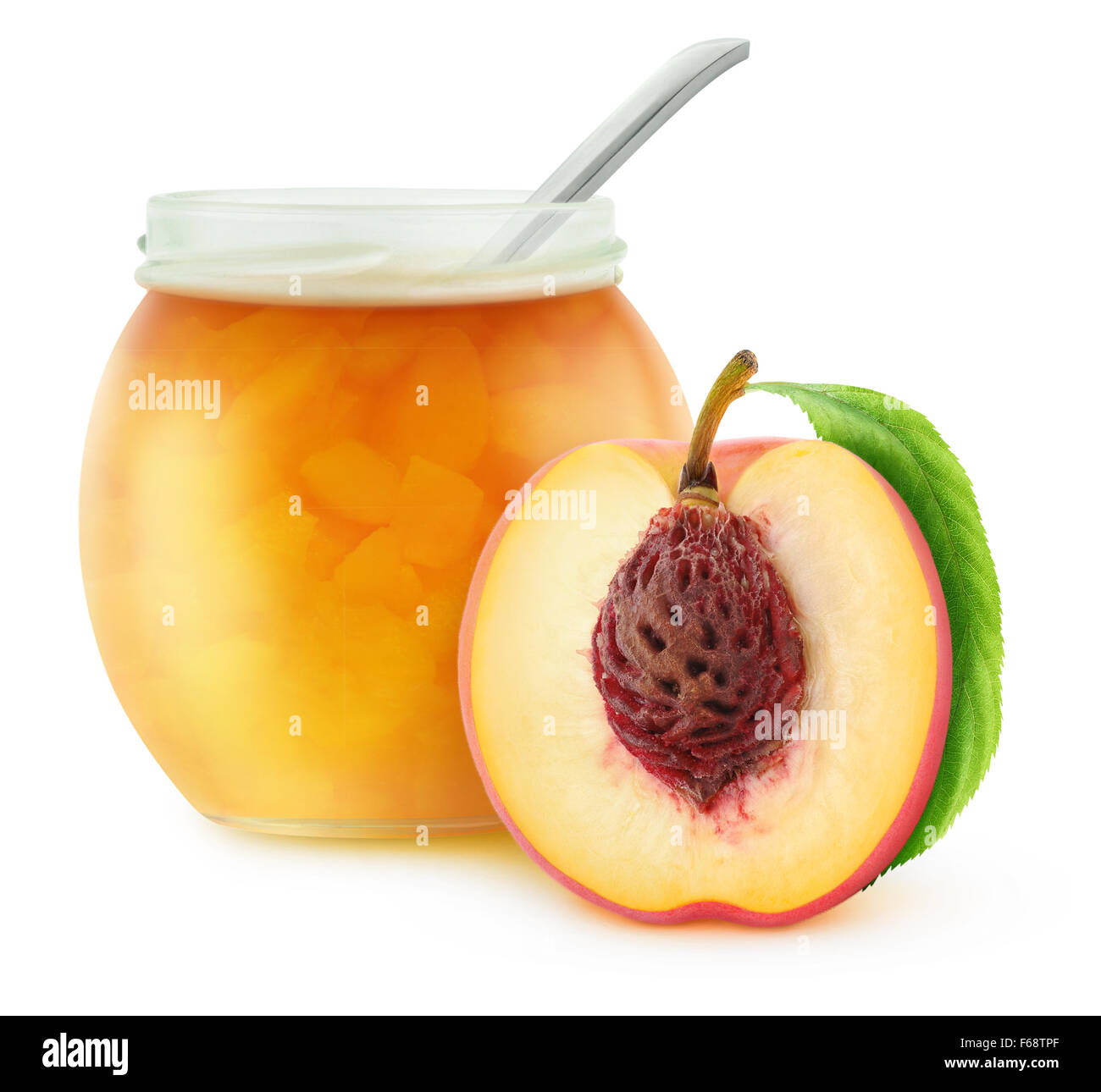 Open jar with peach jam, isolated on white with clipping path Stock ...