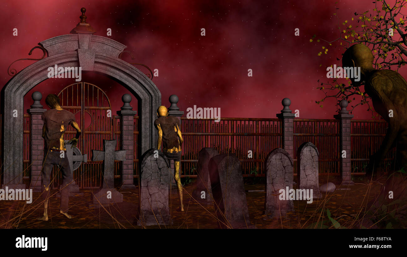 3D render of zombies in spooky foggy cemetery in red night Stock Photo ...