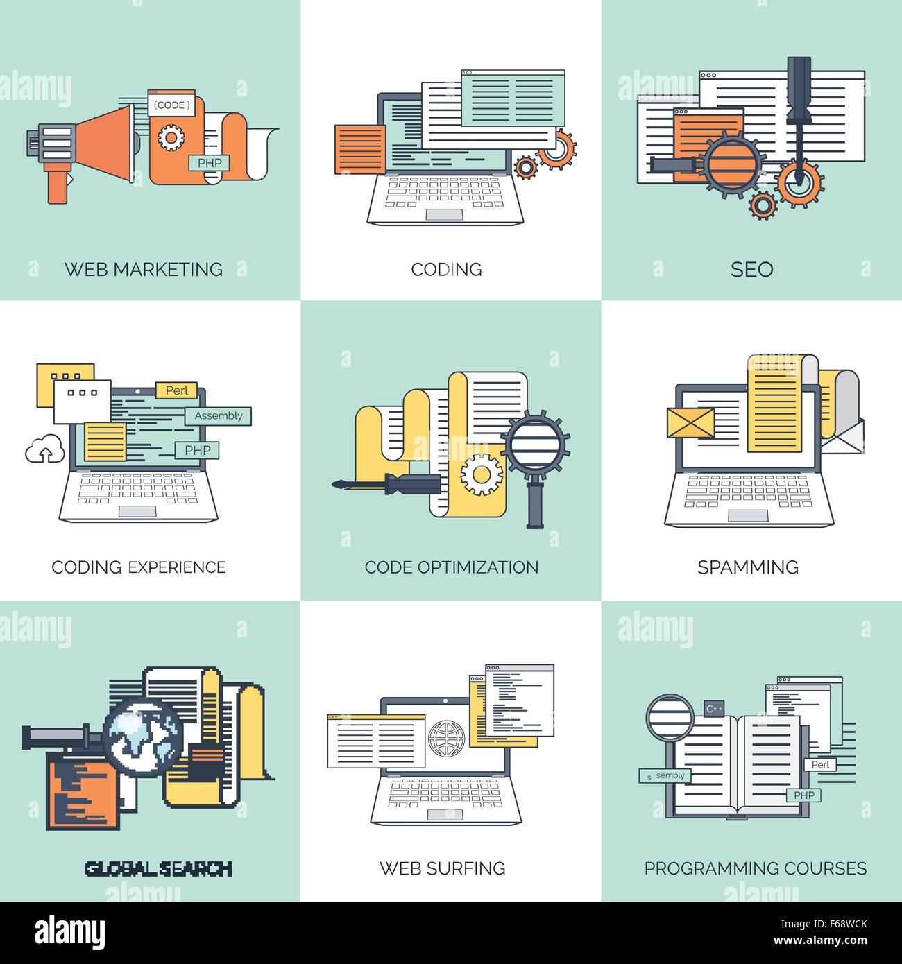 Vector illustration. Flat background. Coding, programming. SEO. Search engine optimization. App ...