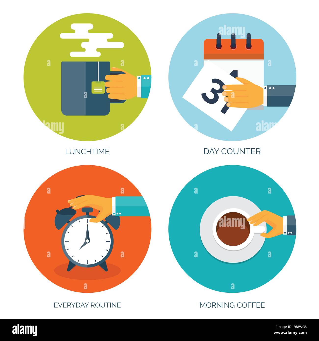 Vector illustration. Flat background with , alarm , morning tea or ...