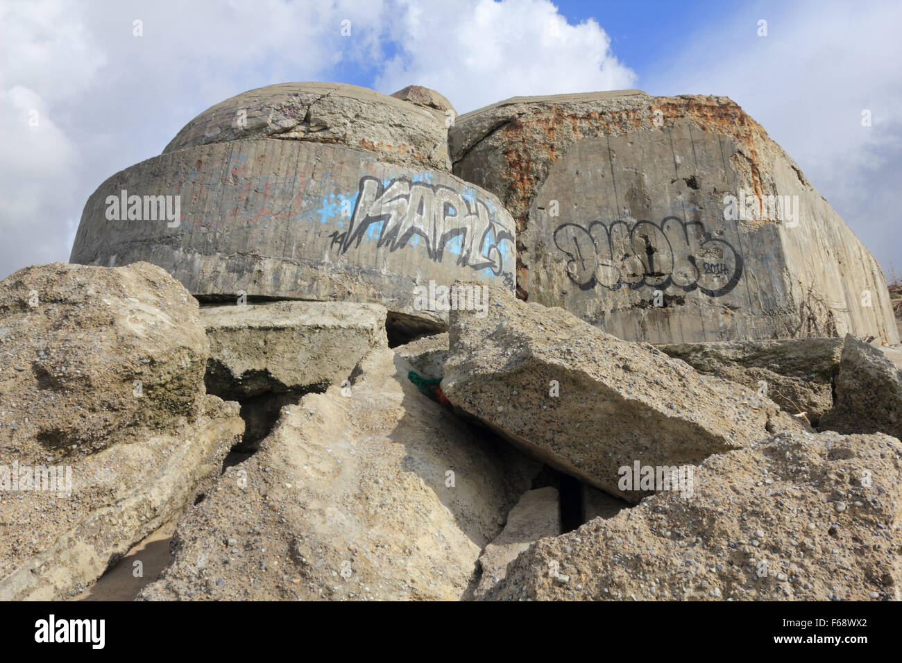 WW2 bunkers on the beach at Houvig Strand, Søndervig, Jutland, Denmark ...